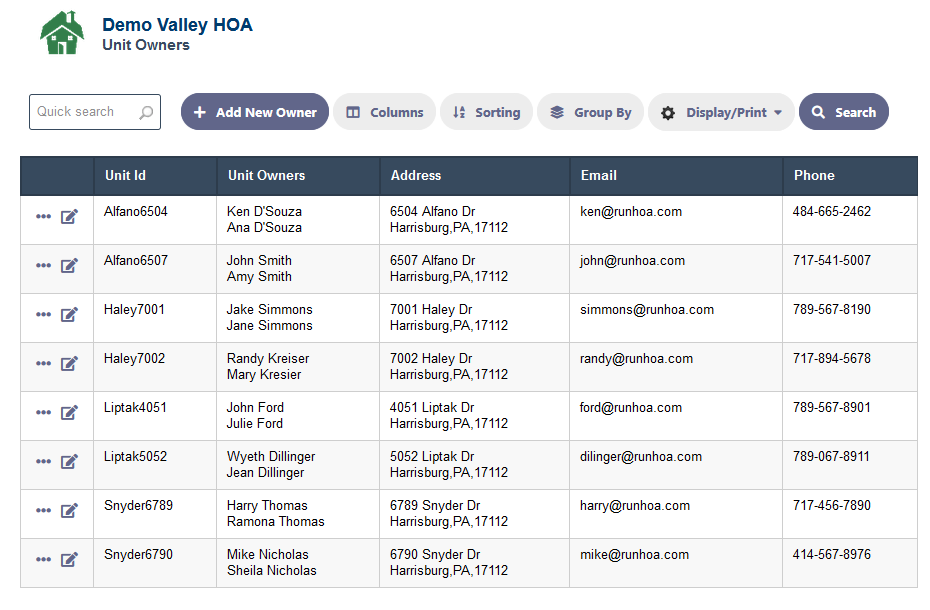 HOA Directory of Units, Owners, Committees etc - RunHOA