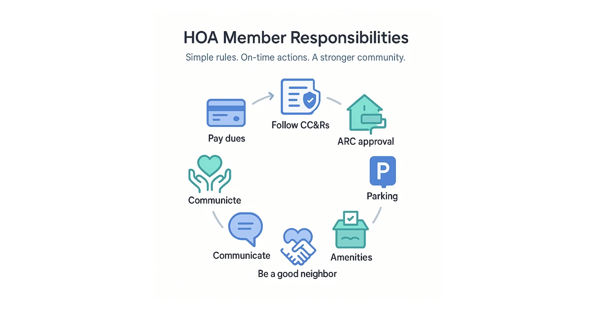 HOA Member Responsibilities: pay dues, follow CC&Rs, attend meetings ...